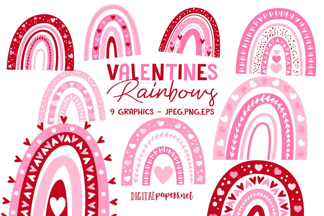 Valentines Day Rainbows Clipart, Modern Rainbow Clipart, Heart, Love ...