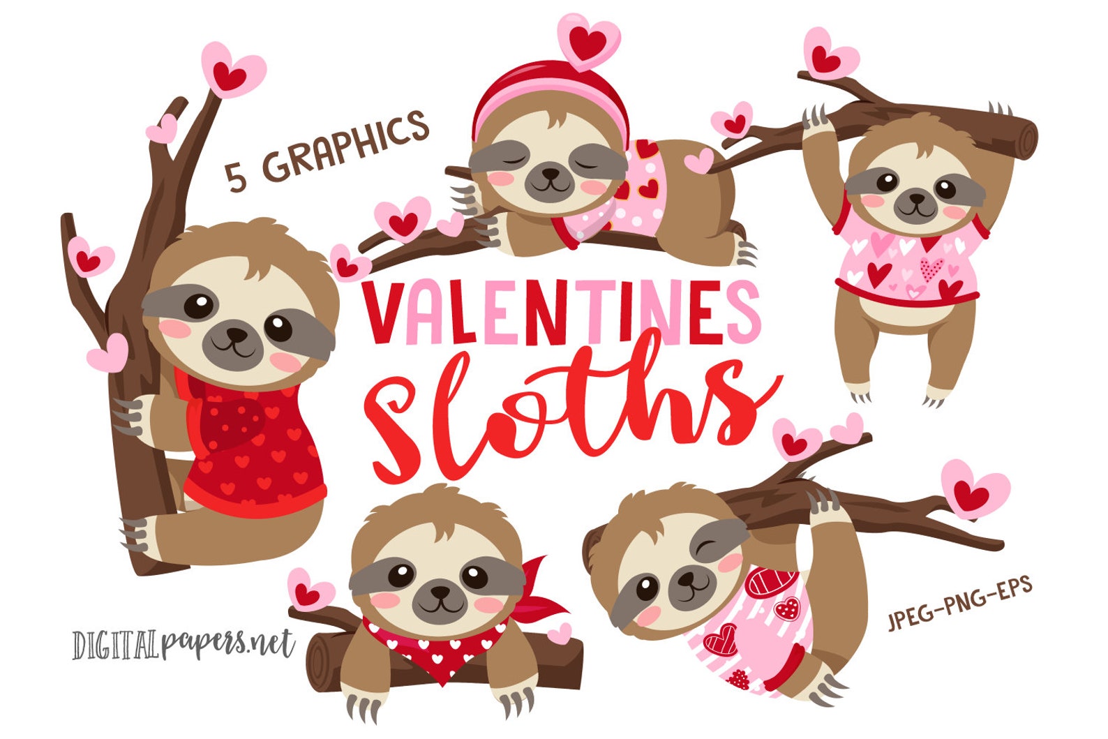 Valentines Day Clipart Sloth Clipart Heart Love Cute | Etsy
