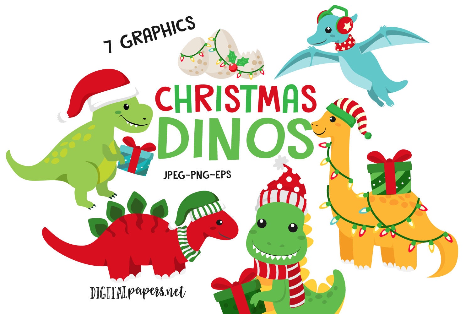 Christmas Dinosaurs Clipart Christmas Dinos Christmas Etsy