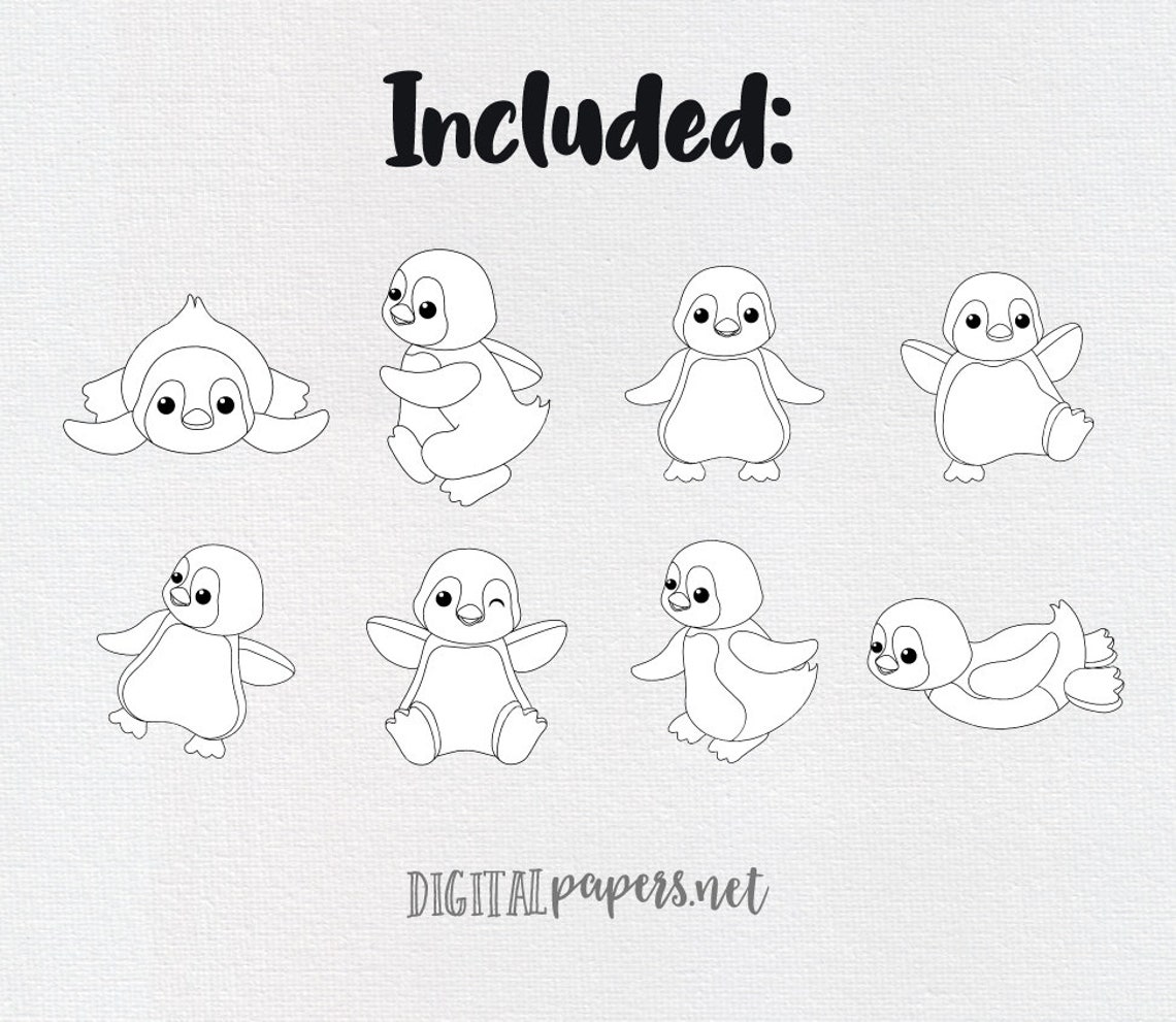 Penguin Clipart Outlines Winter Animals Clip Art PNG | Etsy