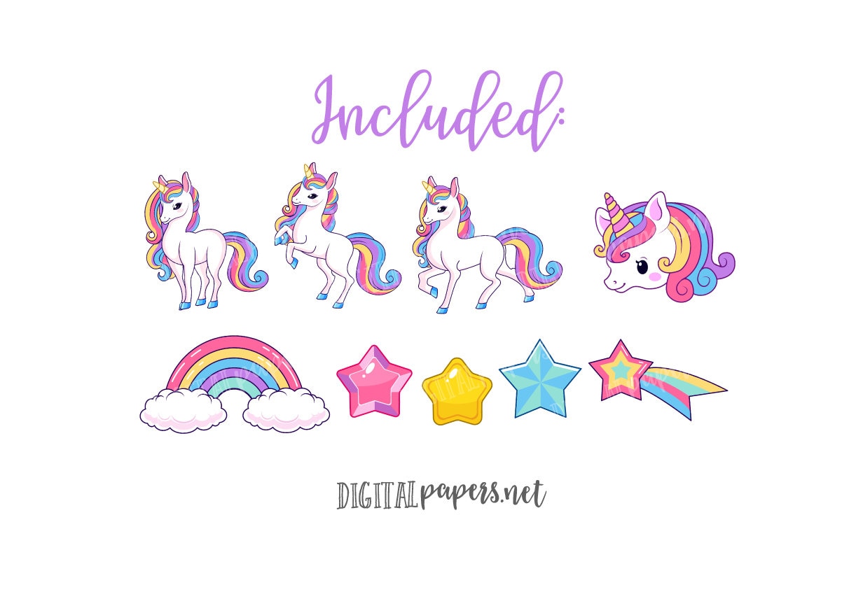 Rainbow Unicorn Clipart: Stars & Unicorn Faces (PNG, JPEG, EPS ...