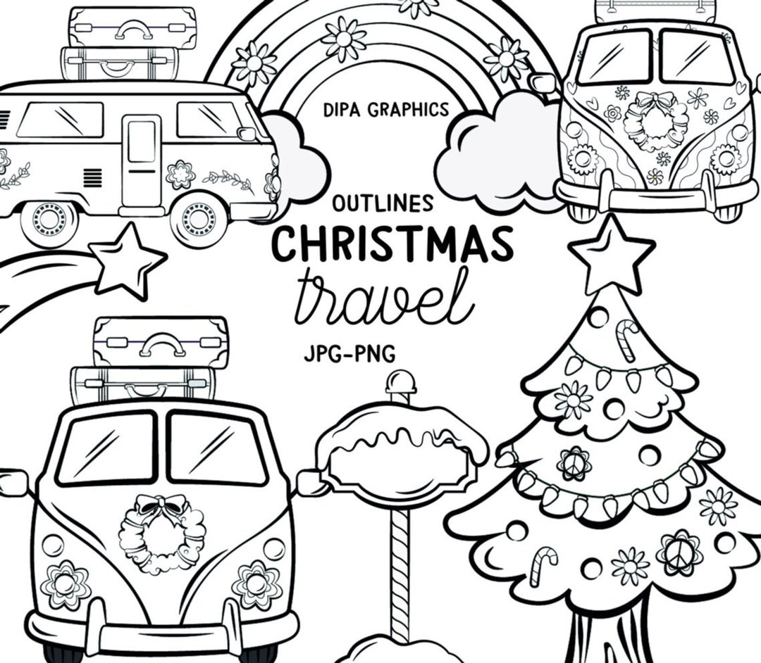 Christmas Retro Van Hippie Clipart Outlines, Rainbow, Sign, Christmas ...