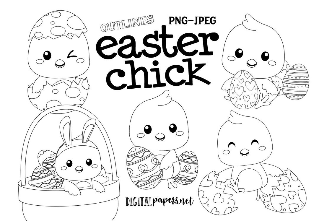 Easter Chick Outlines Clipart, Digital Stamps, Chicks Clipart, Easter ...