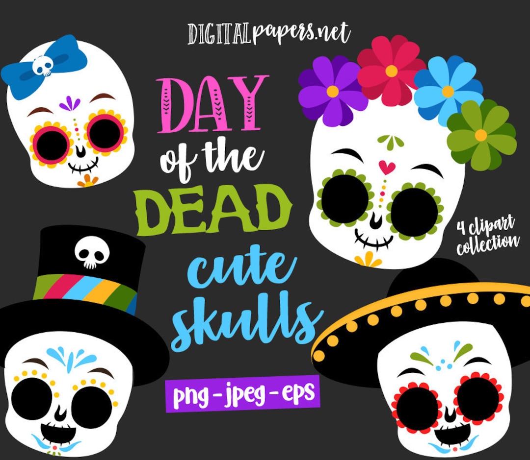 Day of the Dead Clipart, Cute Skulls Clip Art, Png Clipart, Eps Vector ...