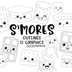 S'mores Clipart Outlines, Kawaii Smores, Camping Clipart, Chocolate ...