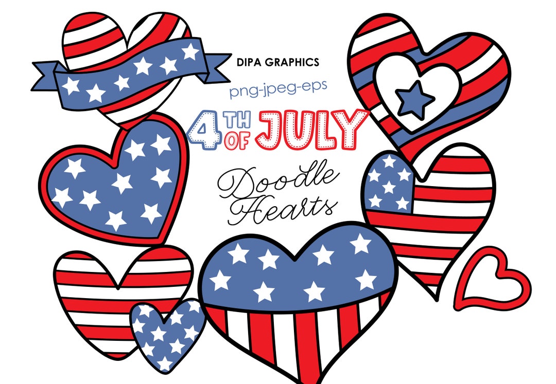 4th of July Heart Clipart, Doodle Hearts PNG, Independence Day Clipart ...