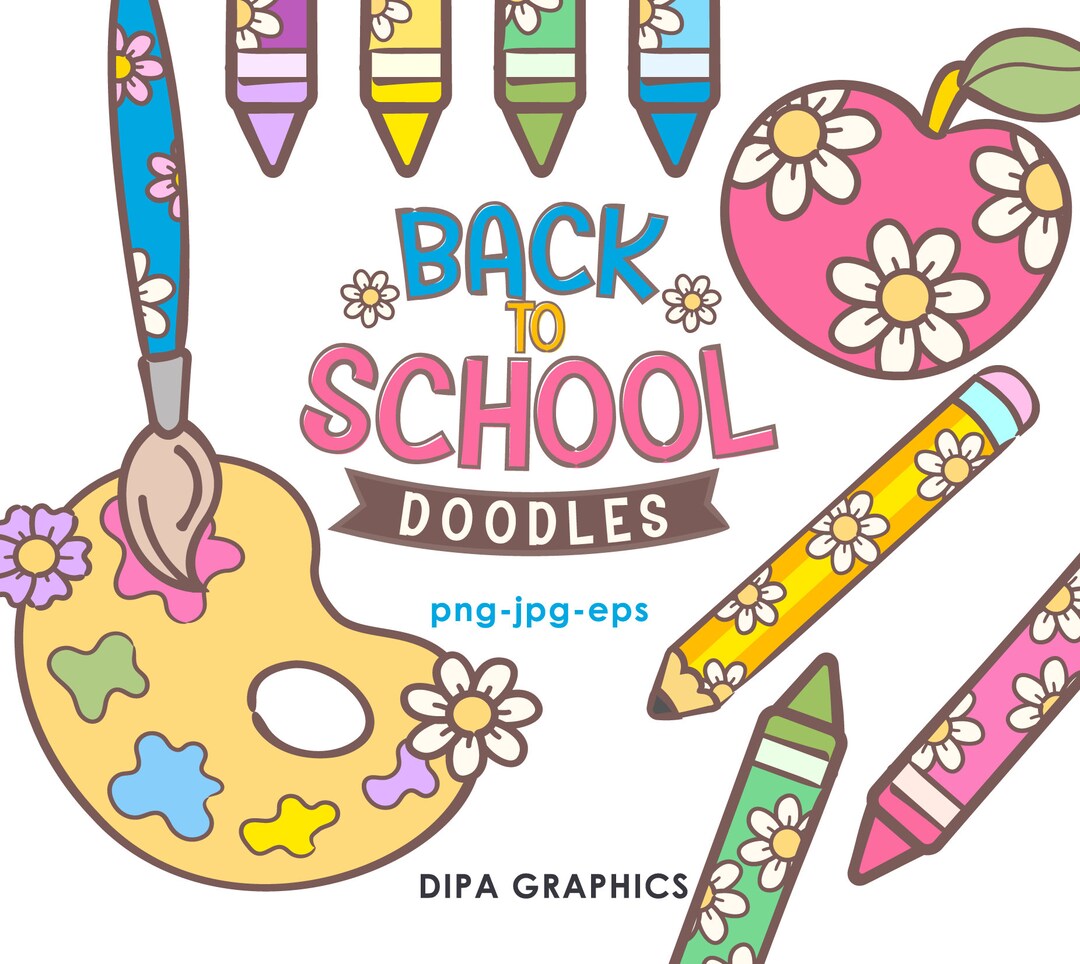 Back to School Doodles Clipart, Art Clipart, Sublimation PNG, Apple ...