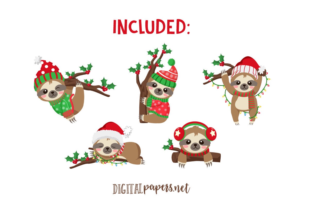 Christmas Sloth Clipart: Holiday Vector Graphics (instant Download) - Etsy