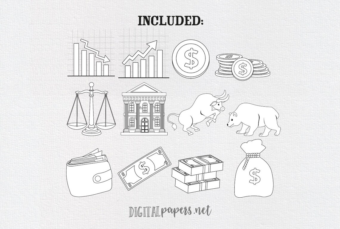 Finance Outlines Clipart: Money Graphics, Investment Clip Art (instant ...