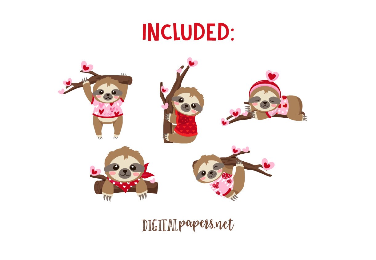 Valentines Day Clipart, Sloth Clipart, Heart, Love, Cute Kawaii Clipart ...