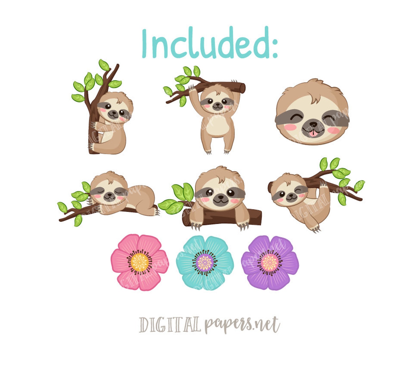 Sloth Clipart, Animal Clipart. Sloth Party, EPS Vector, Baby Sloth Clip ...
