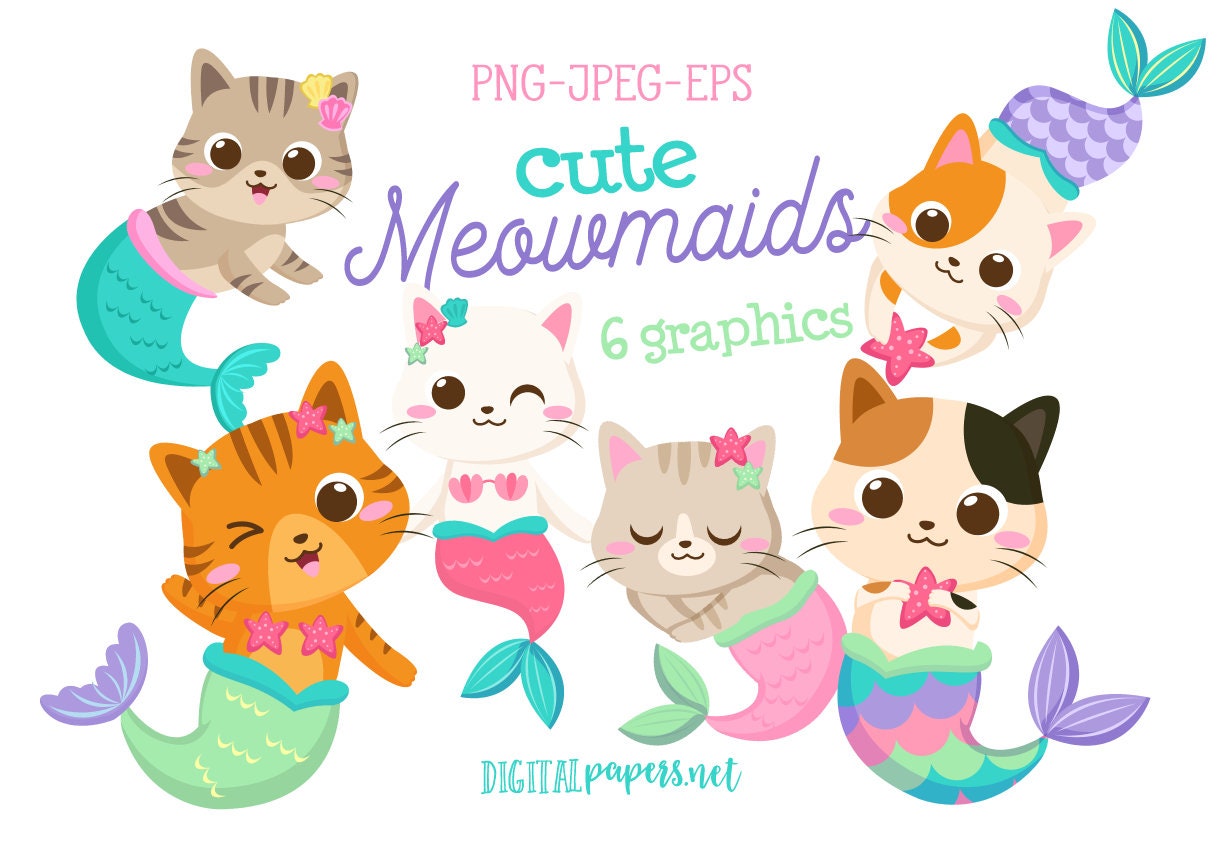 Meowmaid Clipart: Mermaid Kitty Graphics (PNG, JPEG, EPS) - Commercial ...