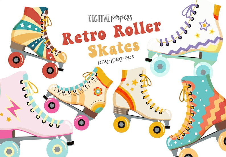 Retro Roller Skates Clipart Groovy Rollerskates Retro - Etsy