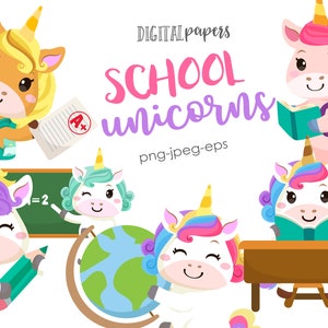 School Unicorn Clipart: Back to School Vector Graphics (instant ...