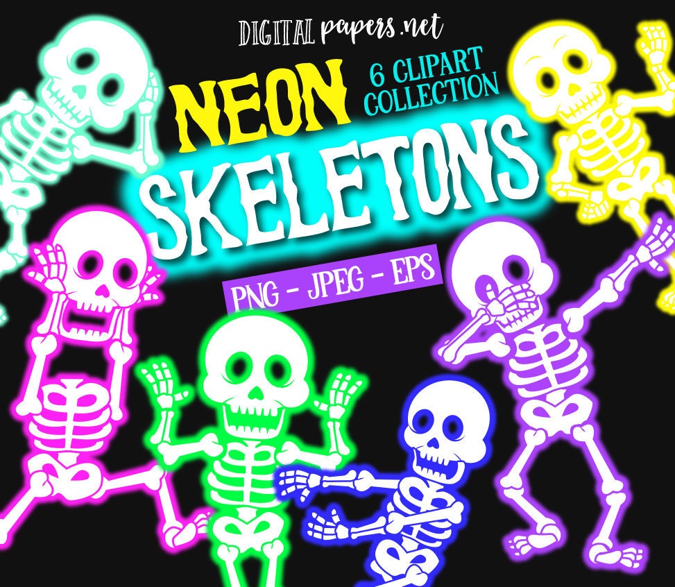 Neon Skeleton Clipart Halloween Skeletons Clip Art Png | Etsy