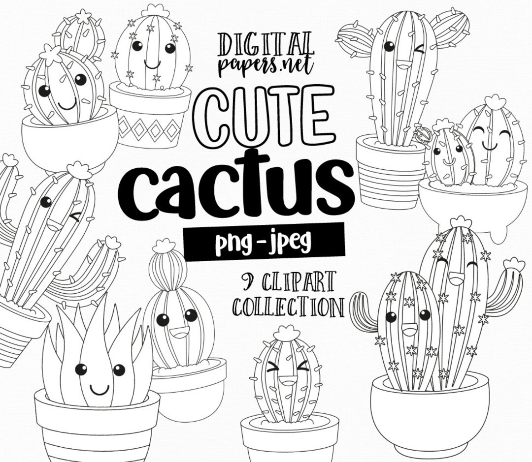 Cactus Outline Clipart, Succulent Clipart, Cacti Digital Stamps, Kawaii ...