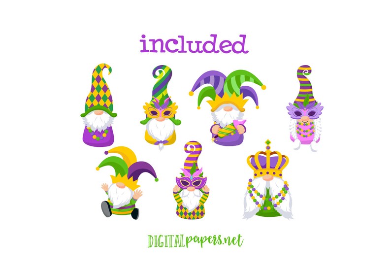 Mardi Gras Gnomes Clipart: Carnival PNG, JPEG, EPS (instant Download ...