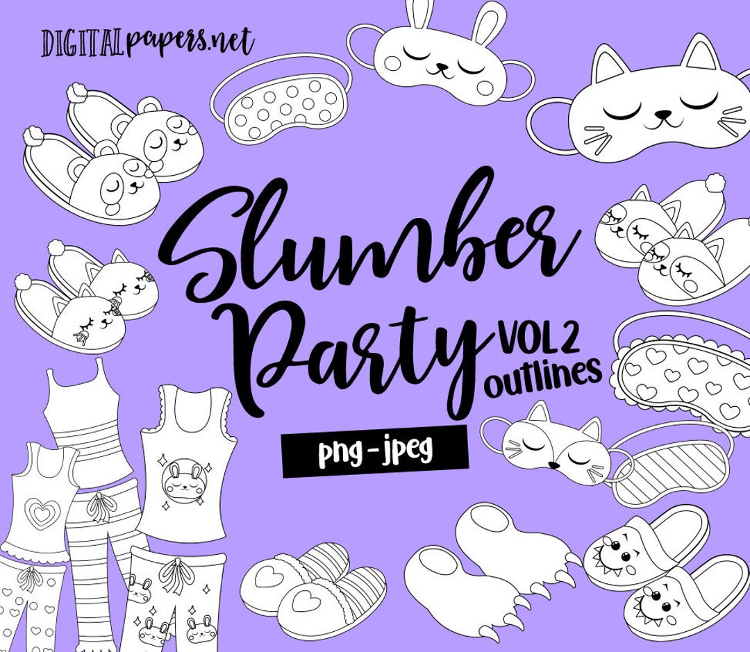 Slumber Party Clipart Outlines, Pajama Party, Sleepover Clip Art, Cute ...