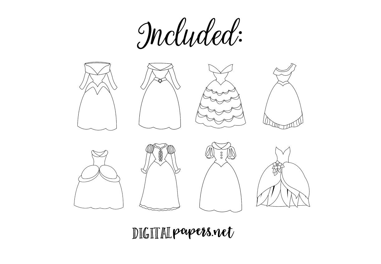 Princess Dress Outlines Clipart Commercial Use Royal Party | Etsy