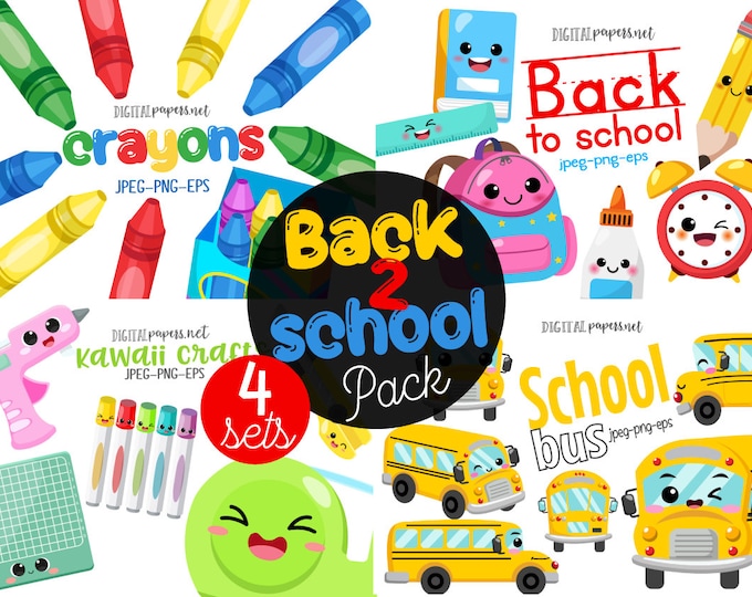 Cute School Clipart Set and Printable Stickers. Cute Digital Clipart ...