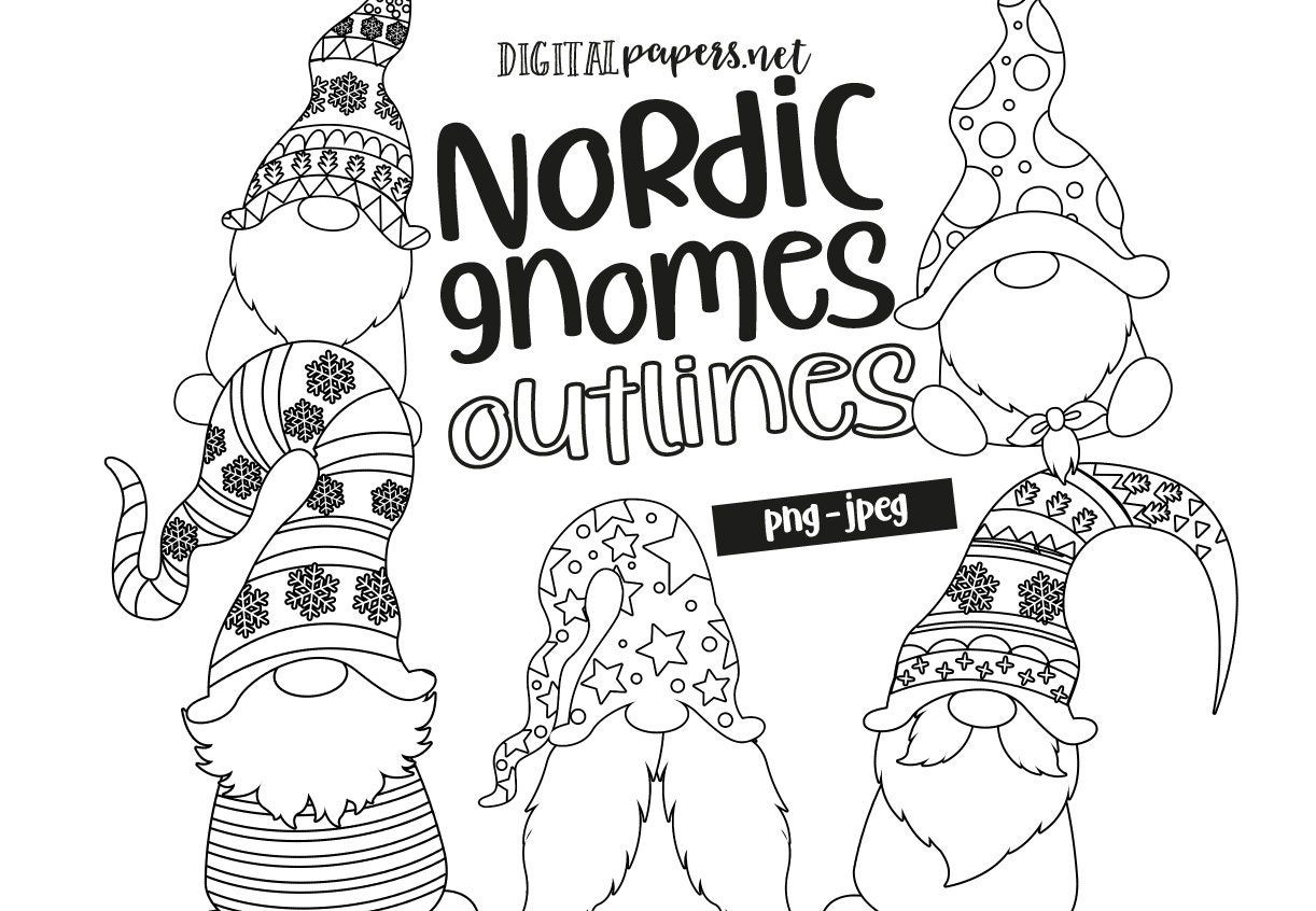 Nordic Christmas Gnomes Outlines Clipart Commercial Use | Etsy