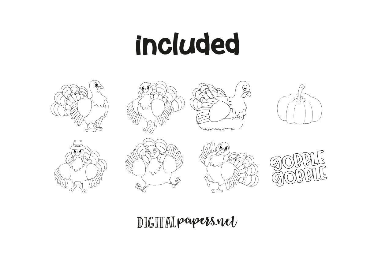 Turkey Outlines Clipart: Thanksgiving Digital Stamps (PNG, JPEG, EPS ...