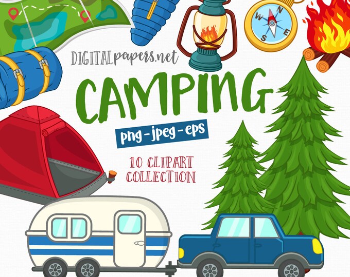 Happy Camper Clipart Bundle, Camping Clip Art, Travel Digital Stamp ...