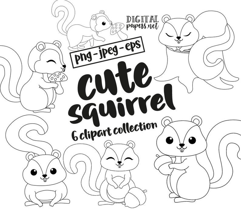 Squirrel Clipart Outlines: Woodland Animal Graphics (instant Download ...