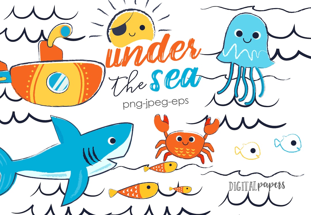 Sea Animals Clipart, Doodle, Shark Clipart, Jellyfish, Crab Clipart ...