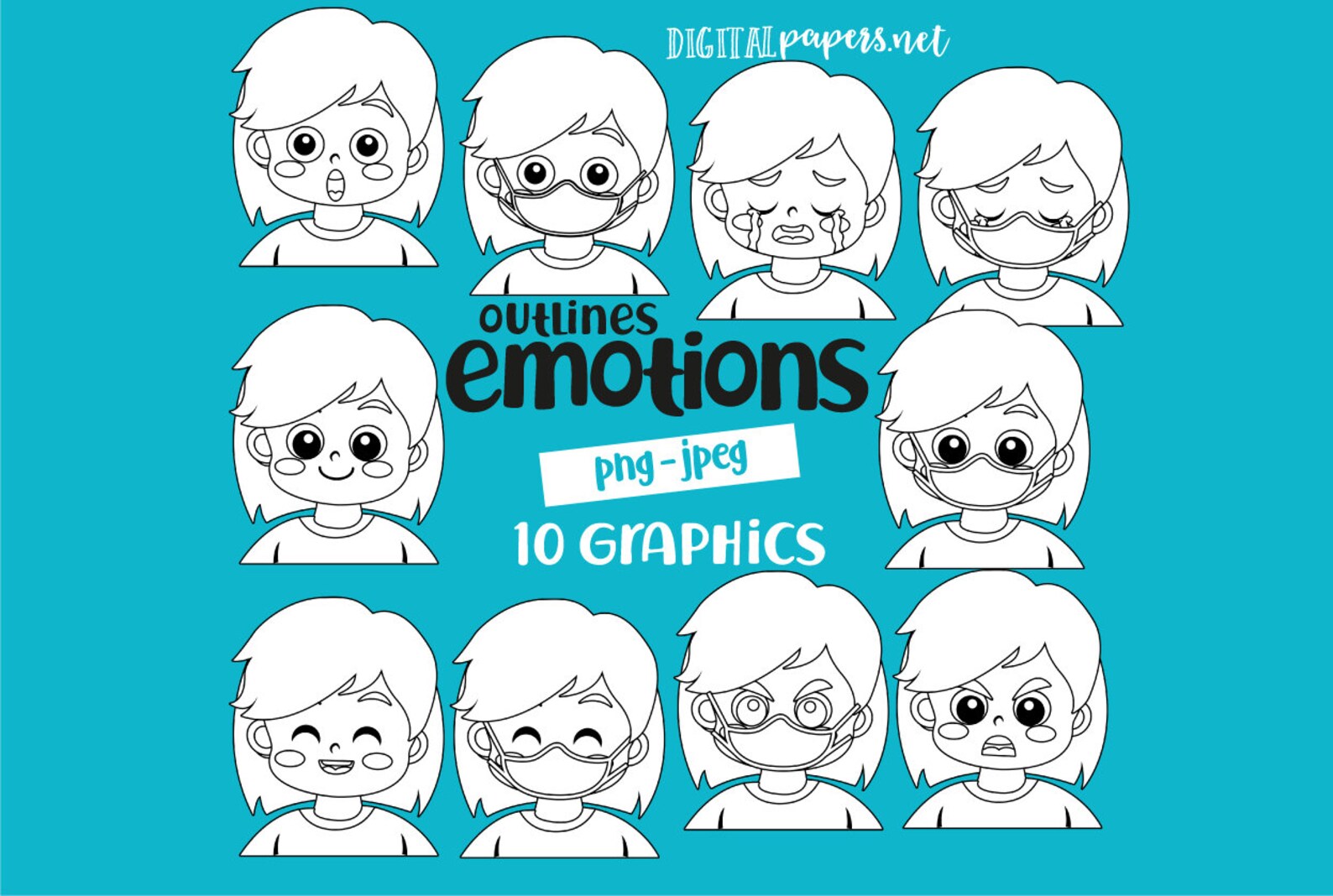 Emotions Outlines Clipart: Back to School Graphics (PNG, JPEG, Instant ...