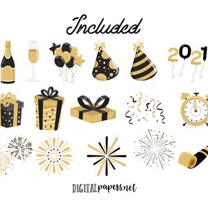 New Year's Eve Clipart, Clock, Confetti, Hat, Fireworks Clipart, Party ...