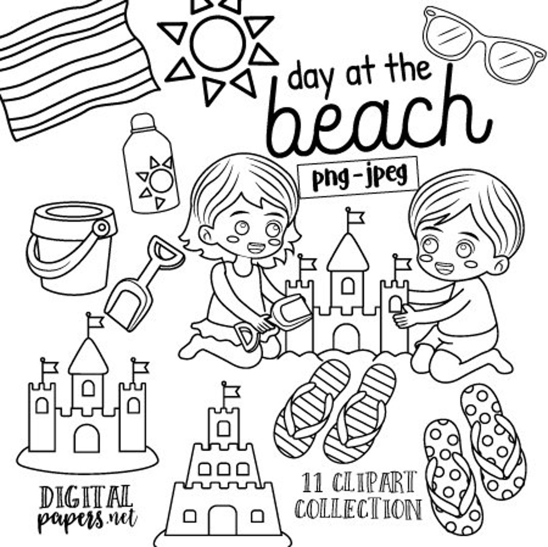 Beach Day Clipart: Sandcastles, Sun, Kids (PNG, JPEG) - Etsy