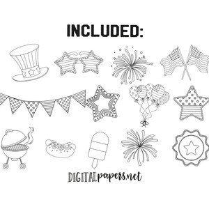4th of July Outlines, Digital Stamps, Independence Day, Fourth of July ...