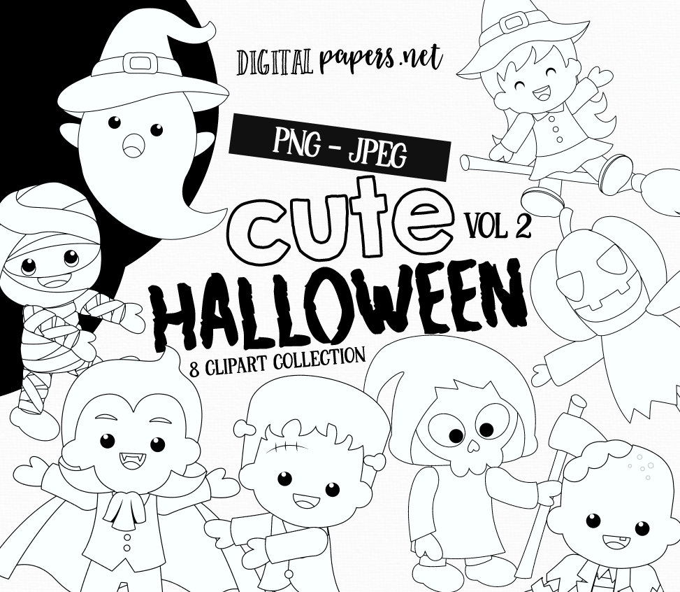 Halloween Cute Clipart Digital Stamps, Black Lines, Halloween Birthday ...