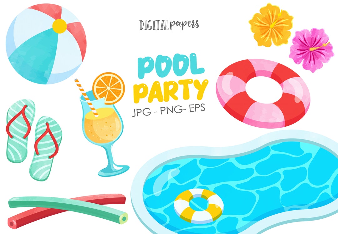 Pool Party Clipart, Pool Clipart, Summer, Float Clipart, Flip Flops, Ball, Flower, Vacation ...