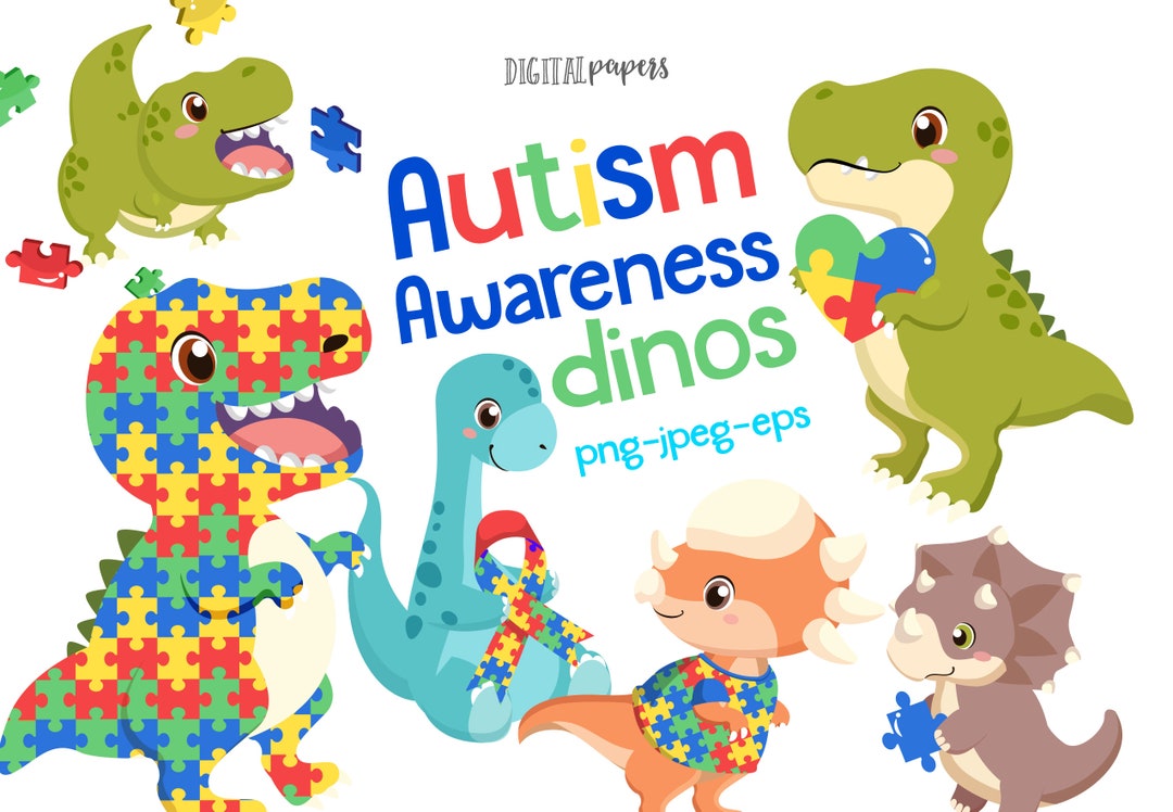 Autism Awareness Dinosaur Clipart: Puzzle Ribbon, T-rex (instant ...