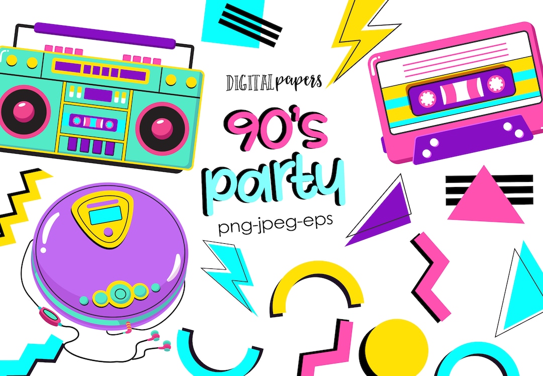 90s Party, 90s Clipart, Nostalgic Illustrations, Retro Clipart, 90s Graphic Design Elements ...