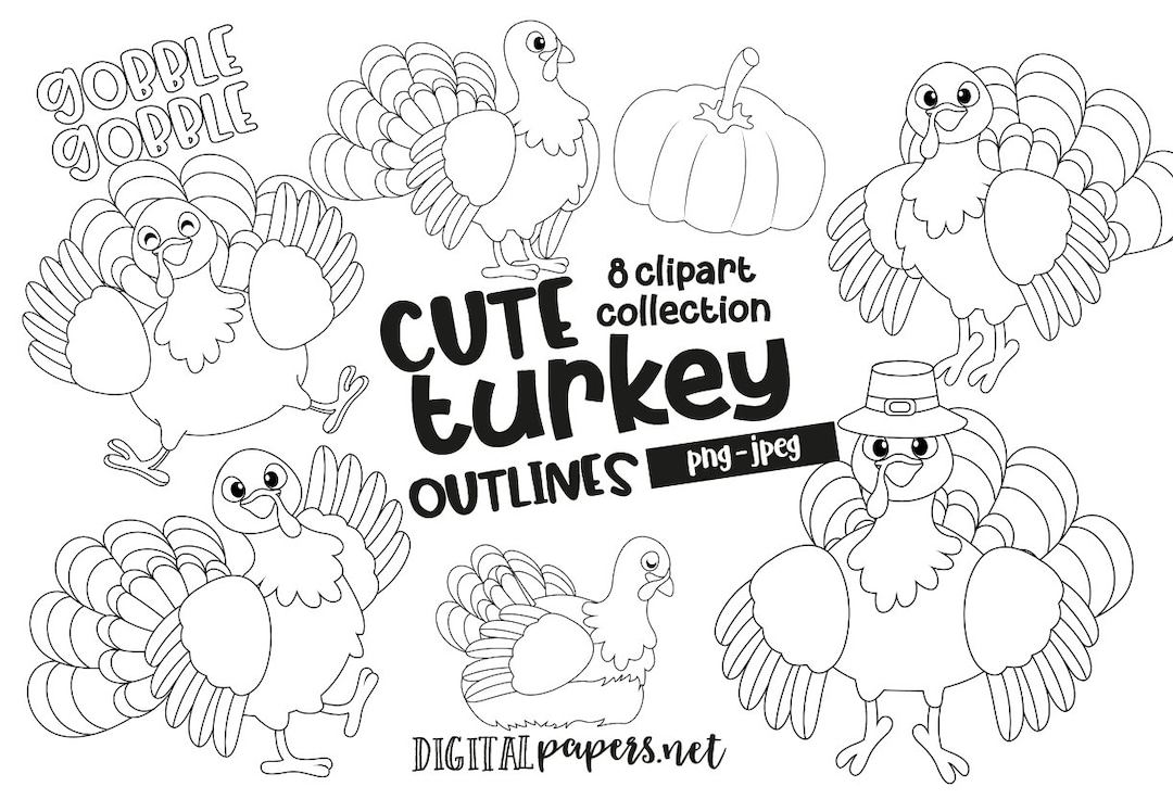 Turkey Outlines Clipart: Thanksgiving Digital Stamps (PNG, JPEG, EPS ...