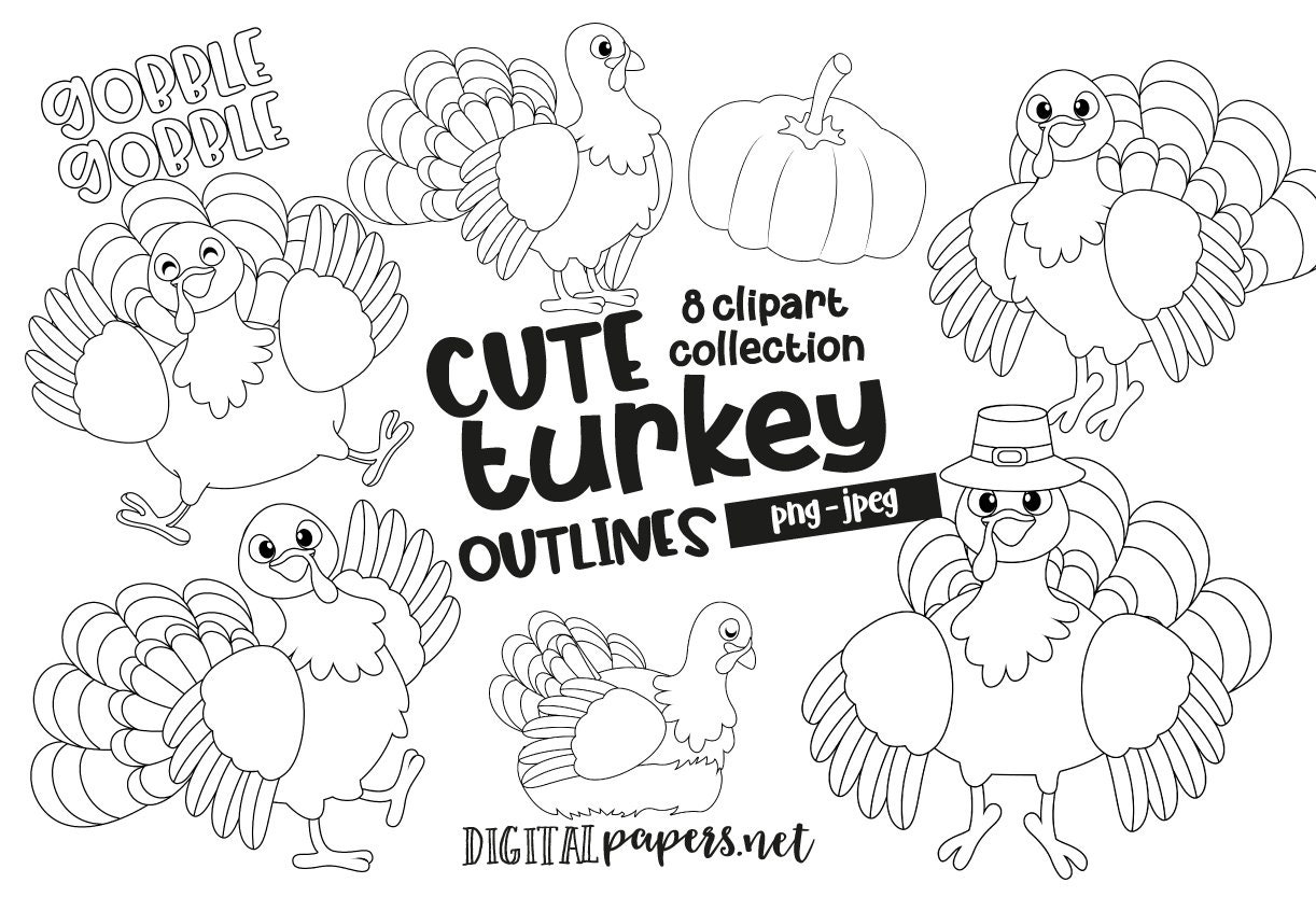 Turkey Outlines Clipart: Thanksgiving Digital Stamps (PNG, JPEG, EPS ...