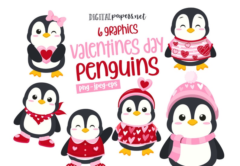 Valentines Day Penguin Clipart: Kawaii Love Hearts (instant Download ...