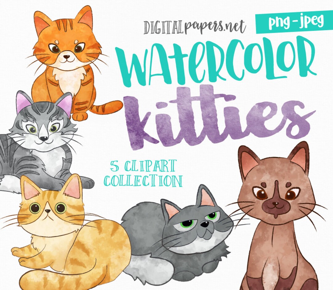 Watercolor Cats Clipart, Kitty Clipart, Kitties Party, Cute Cat, Cat ...