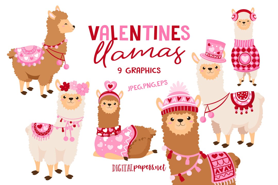 Valentines Day Llamas Clipart, Llama Clipart, Heart, Love, Cute Clipart ...