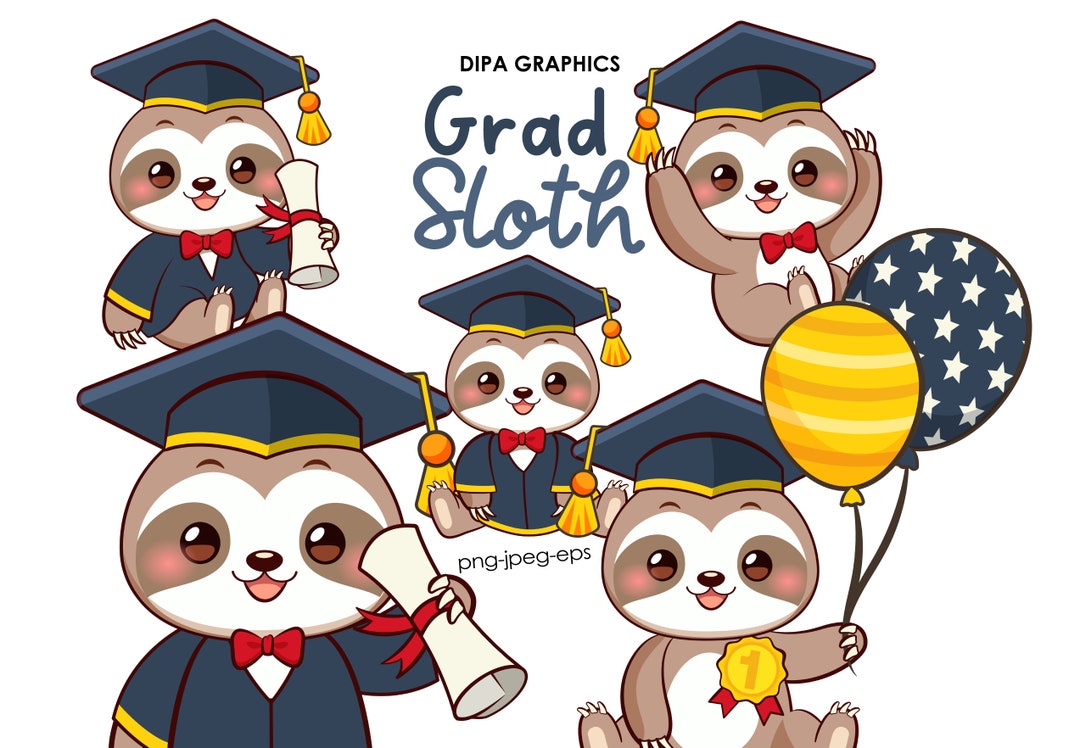 Graduation Sloth Clipart: Diploma, Balloons (PNG, JPEG, EPS, Instant ...