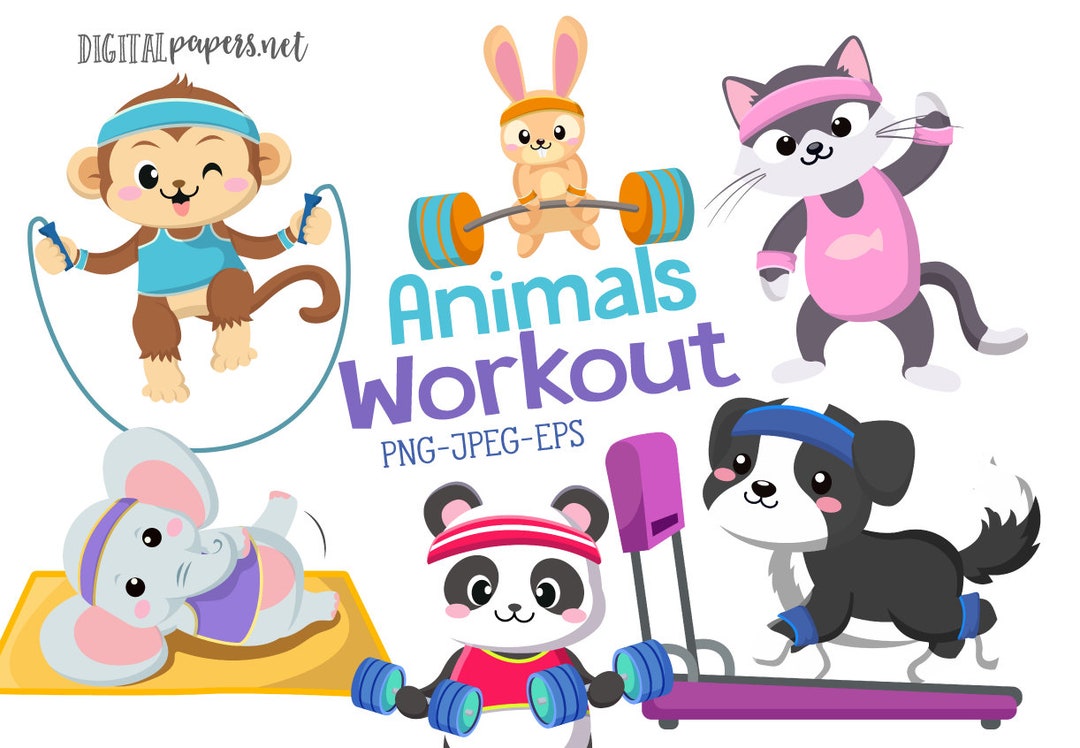 Workout Clipart Cute Animals Elephant Monkey Bunny Kitty Dog Panda Gym ...