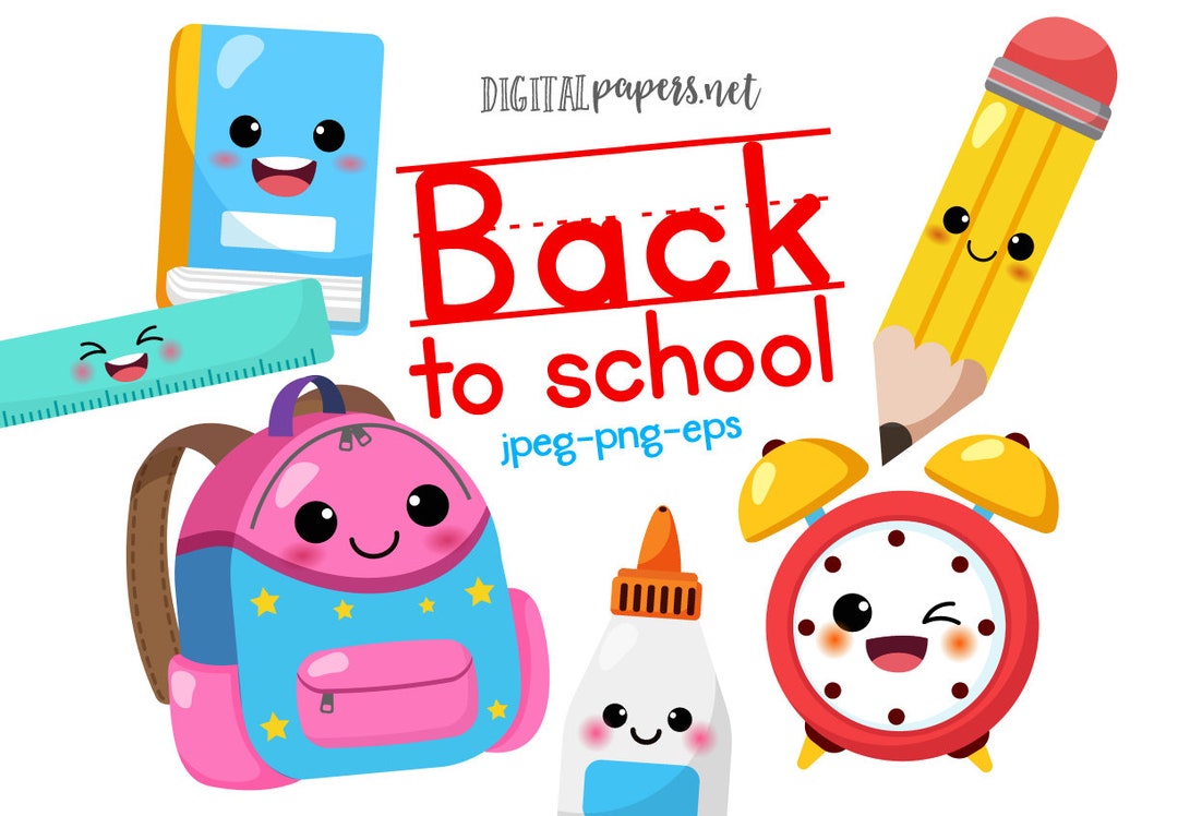 Kawaii School Supplies Clipart: Back to School PNG, Vector (instant ...