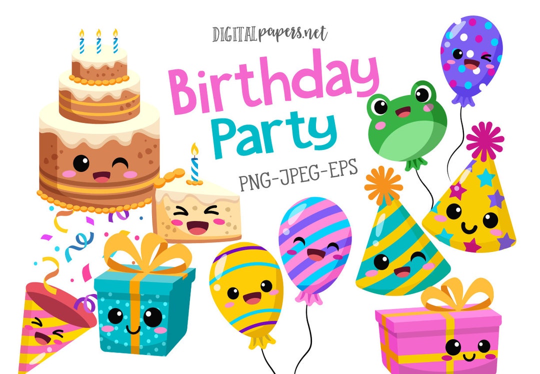 Birthday Party Clipart, Kawaii Clipart, Balloon Clipart, Party ...