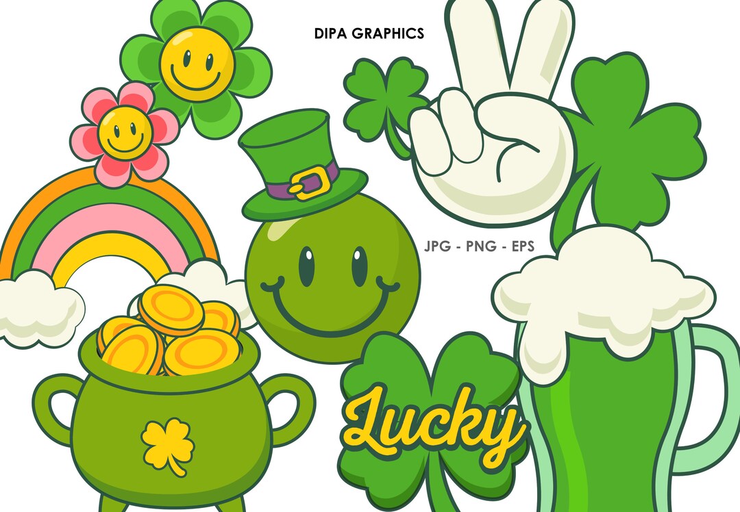 Retro St Patricks Cartoon Clipart, Bunny, Clover Png, Rainbow Clipart ...