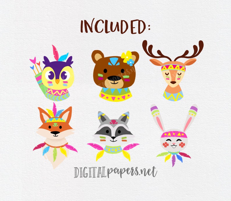 Tribal Woodland Animals Clipart: Neon Forest Design (digital Download ...