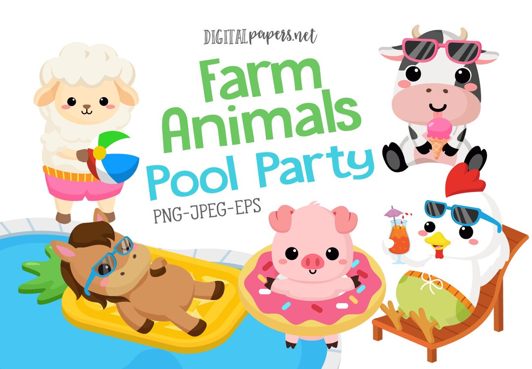 Farm Animal Pool Party Clipart: Summer Graphics (INSTANT DOWNLOAD) - Etsy