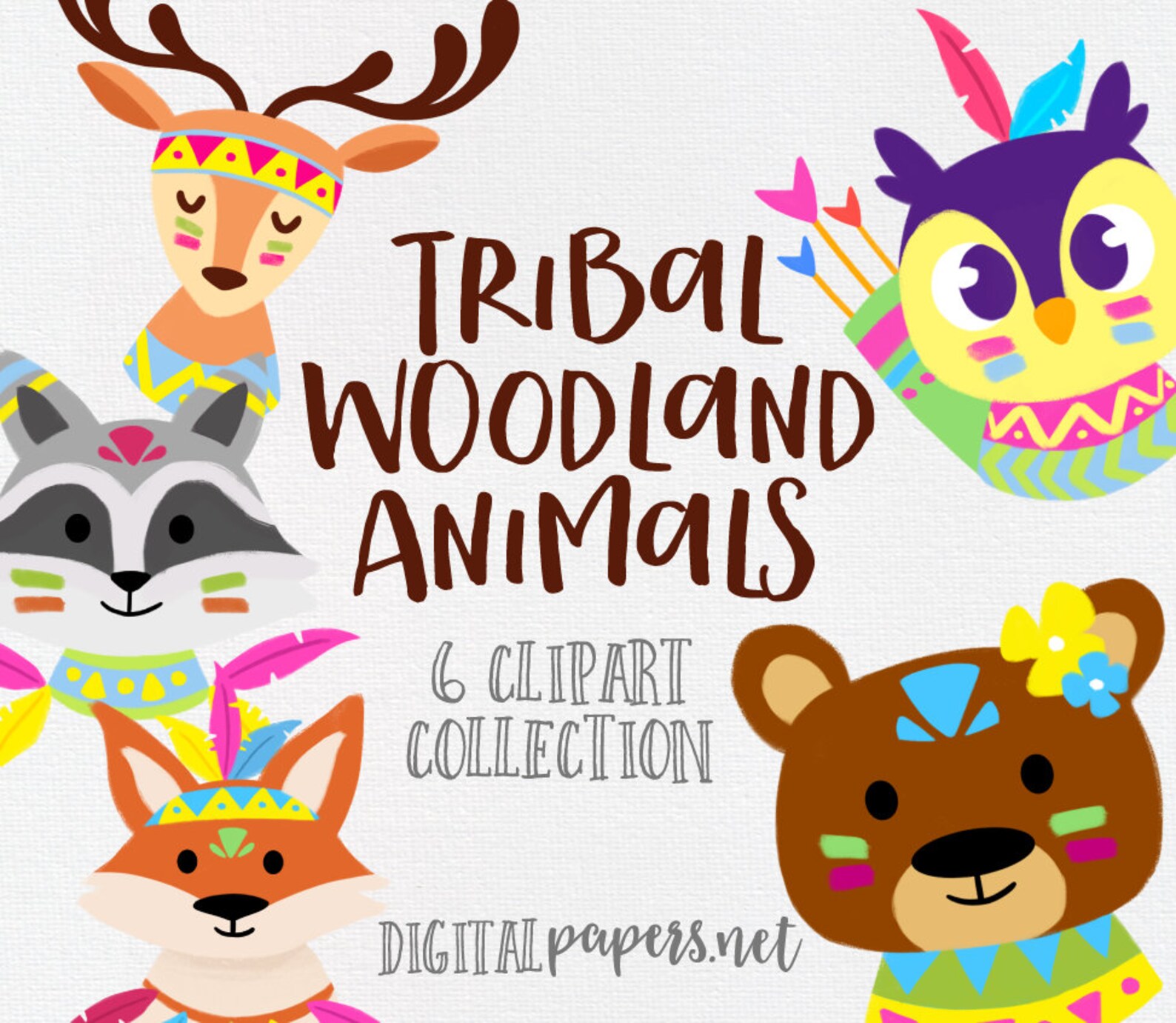 Tribal Woodland Animals Clipart: Neon Forest Design (digital Download ...